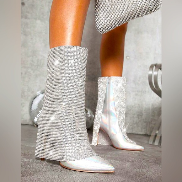 Shoes | Fiesta Rhinestone Drapes Silver Boots Sz 75 | Poshmark